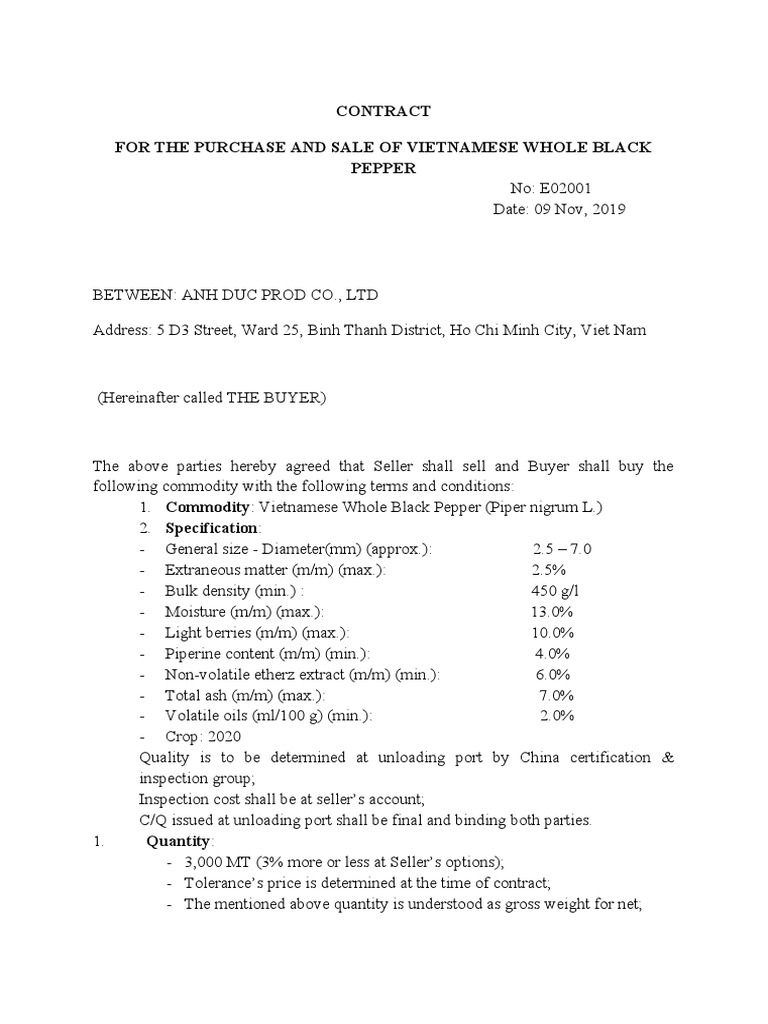 Contract For The Purchase and Sale of Vietnamese Whole Black Pepper ...