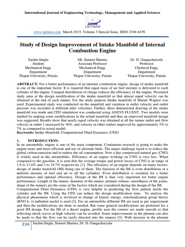 Study of Design Improvement of Intake Ma PDF | PDF | Computational Fluid Dynamics | Engines