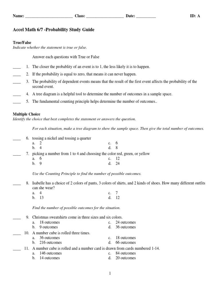 Accel Math 6/7 - Probability Study Guide | PDF | Cafeteria | Probability