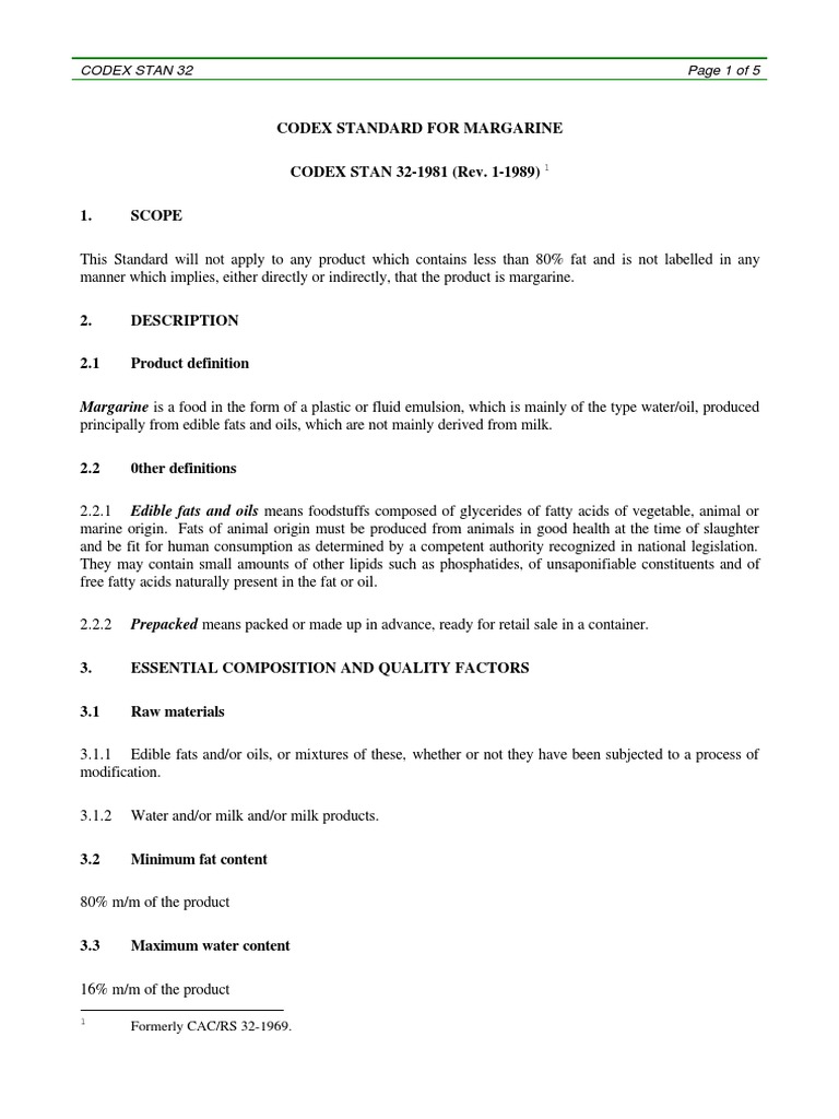 Codex Stan 32-1981, Rev.1-1989 Codex Standard For Margarine (5p) | PDF ...