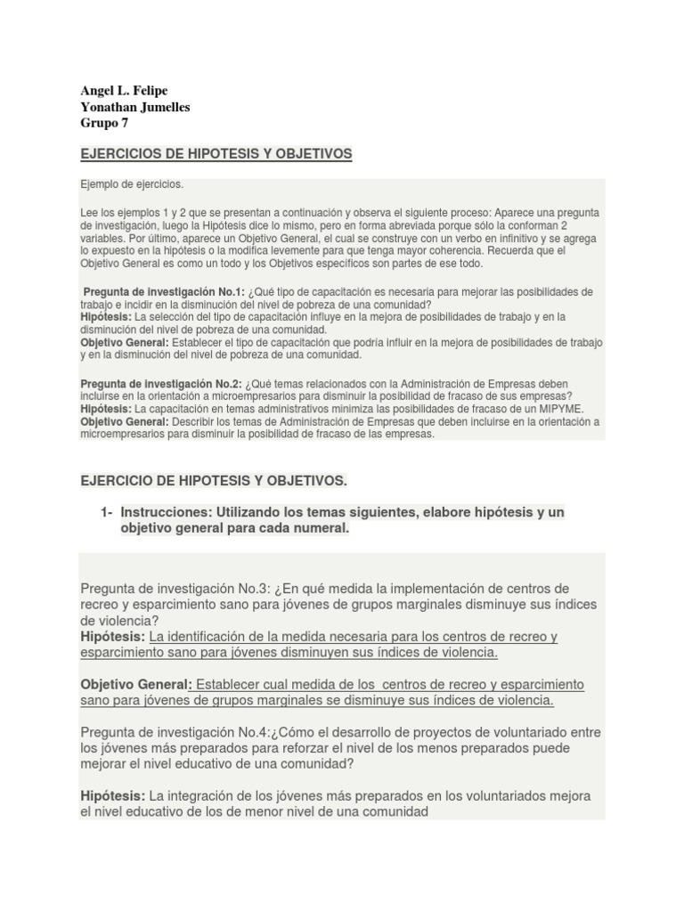 Ejercicios de Hipotesis y Objetivos | PDF | Hipótesis | República ...