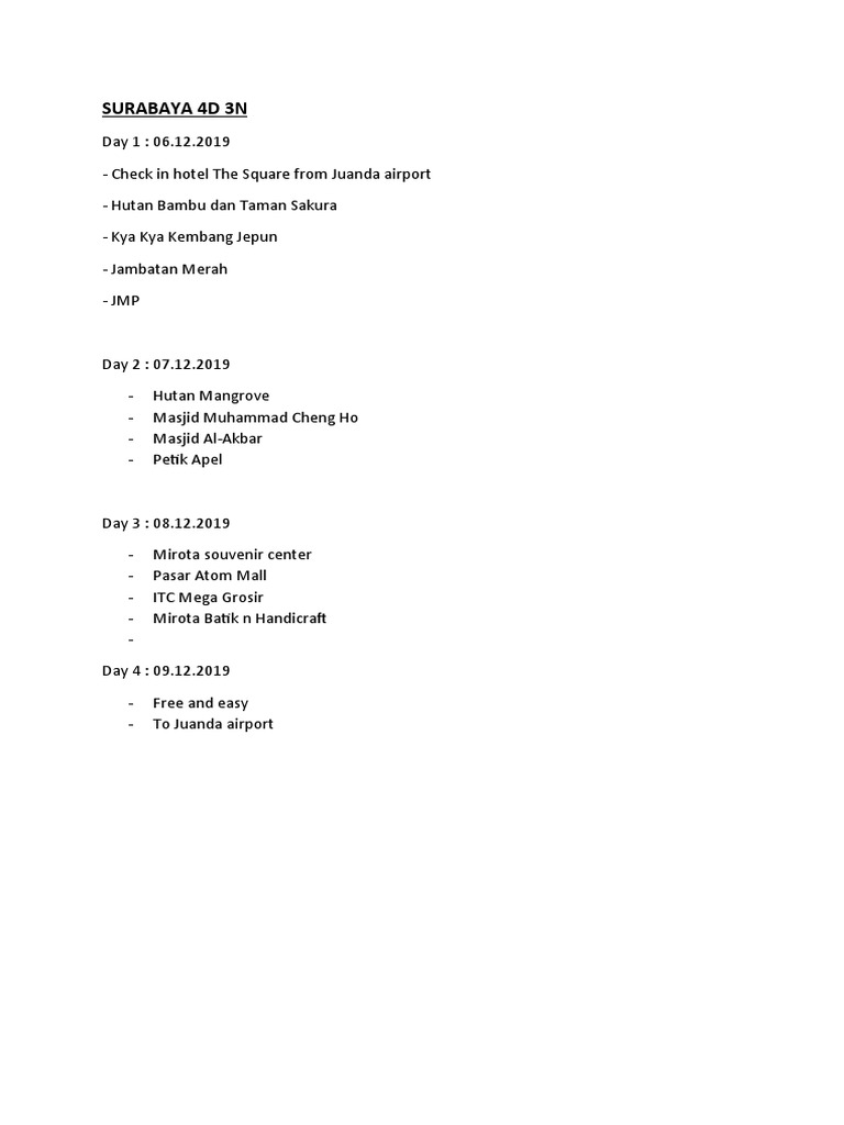 Surabaya 4D3N Itinerary Guide | PDF