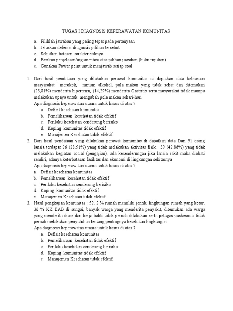 Tugas I Diagnosis Keperawatan Komunitas | PDF | Pengembangan Diri | Kesehatan Holistik