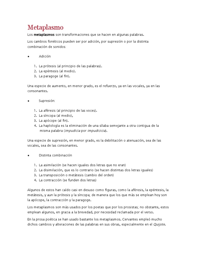 Tipos y ejemplos de metaplasmos | PDF | Filología | Artes del Lenguaje ...
