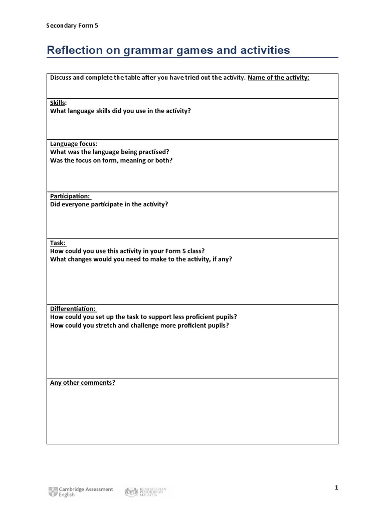 Reflection On Grammar Games and Activities: Secondary Form 5 | PDF