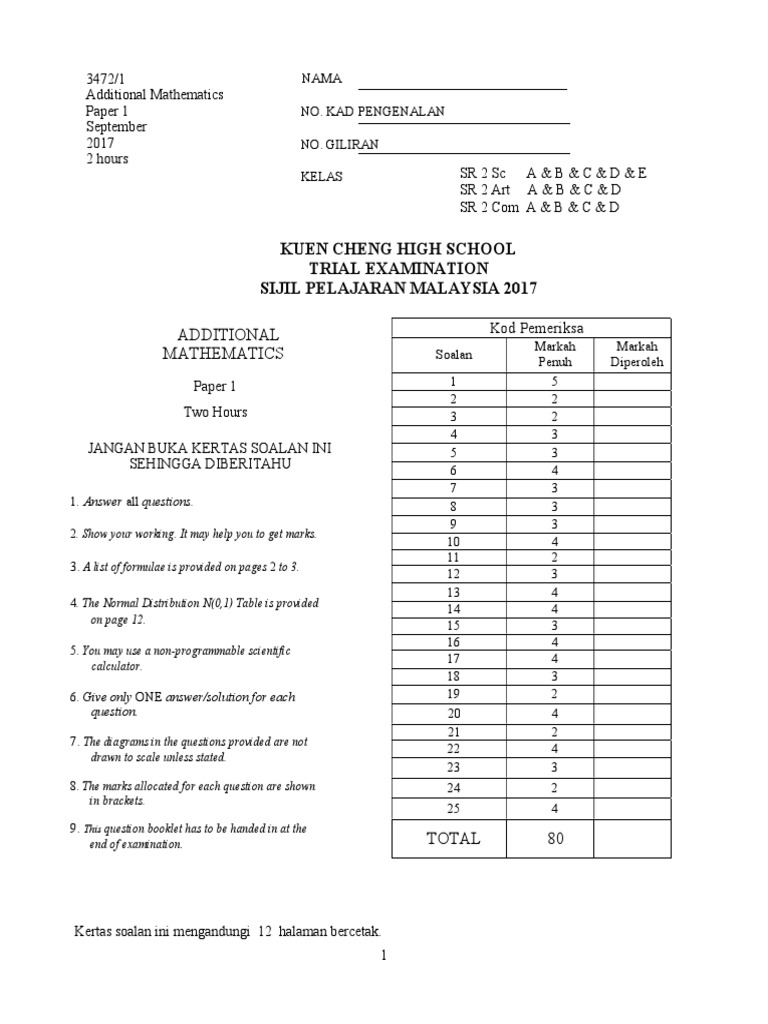 2017 Add Maths Trial Paper 1 PDF | PDF | Quadratic Equation | Area