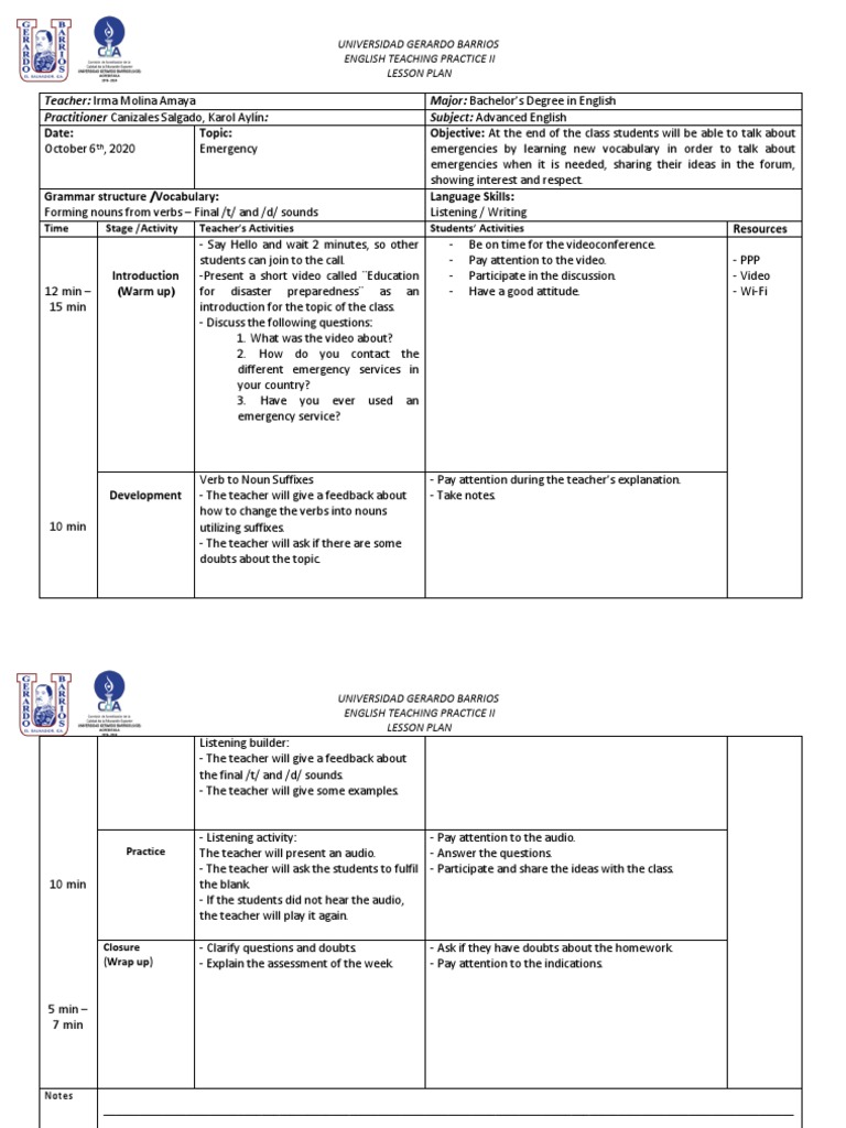 Week 11 Emergency Lesson Plan | PDF | Lesson Plan | English Language