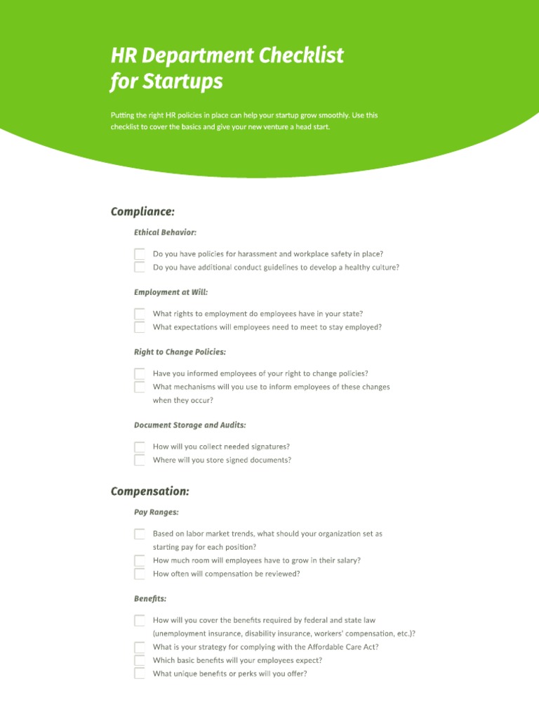 HR Department Checklist For Startups: Compliance | PDF | Human ...