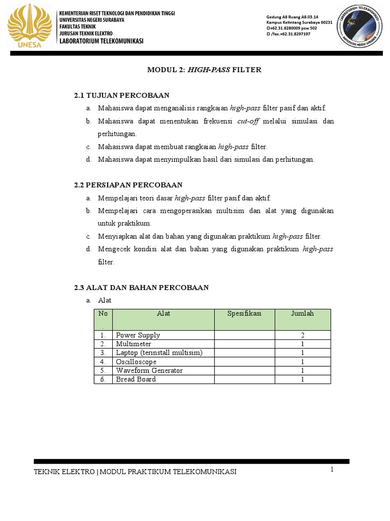 Modul Praktikum High-Pass Filter | PDF