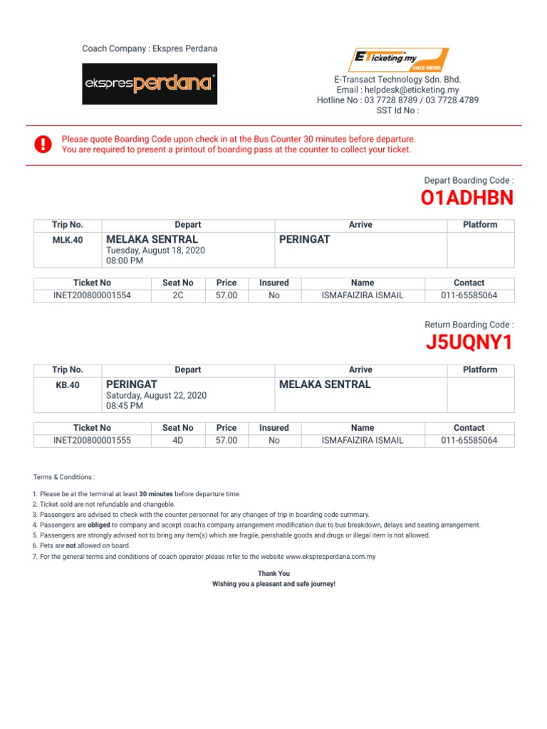 Melaka to Peringat Bus Ticket Itinerary and Boarding Pass for ...