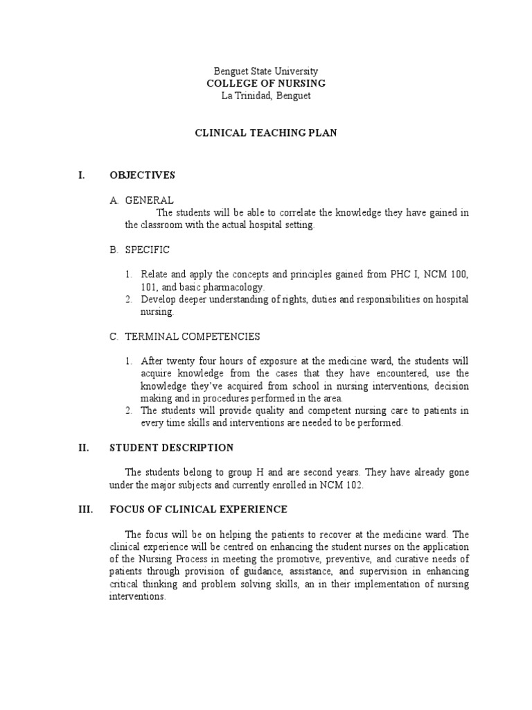 Clinical Teaching Plan | PDF | Nursing | Medicine