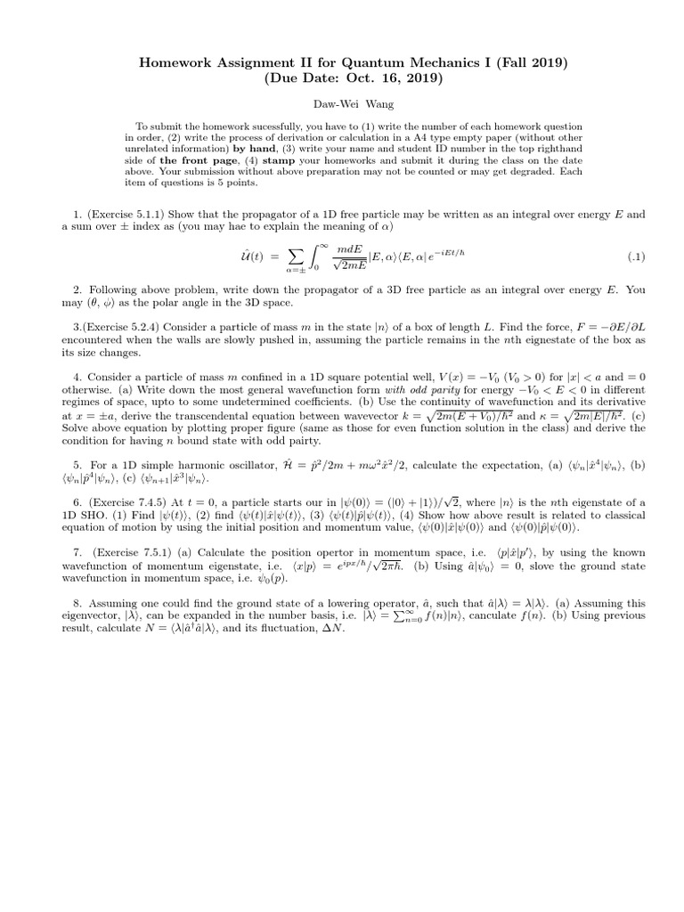 HW 2. 1D Schrodinger Equation and SHO | PDF | Wave Function | Modern ...