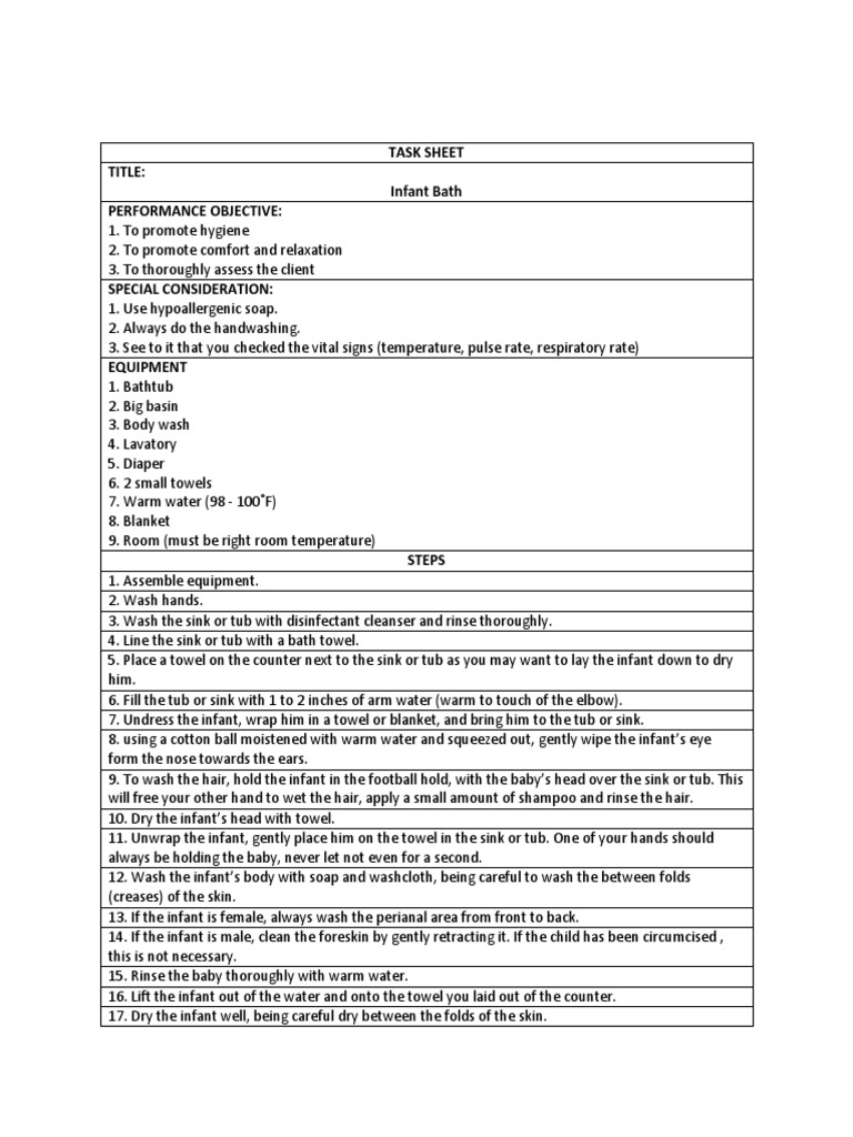 Infant Bath Task Sheet and Performance Task Checklist | PDF | Hand ...
