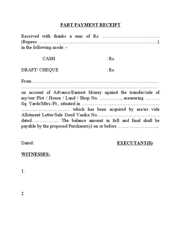 Part Payment Receipt for Property Sale | PDF | Finance & Money ...
