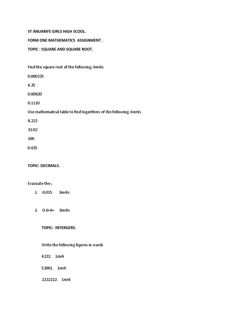 ST Anuarife Girls High Scool. Form One Mathematics Assignment - Topic: Square and Square Root ...
