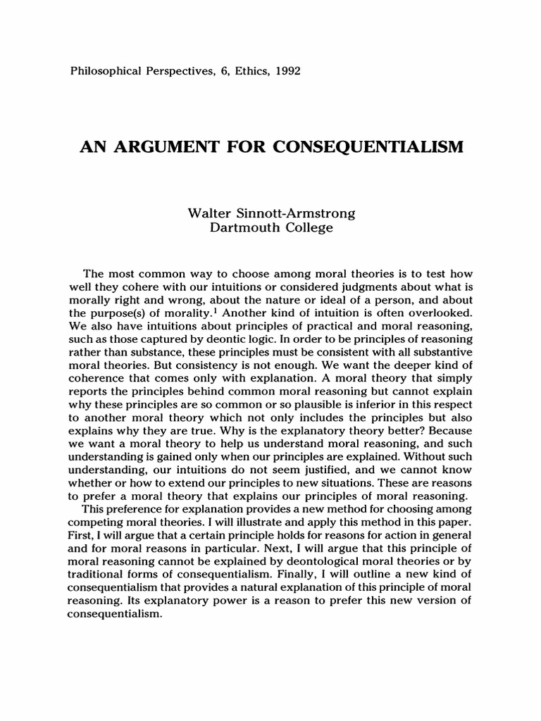 An Argument For Consequentialism: Walter Sinnott-Armstrong Dartmouth College | PDF ...