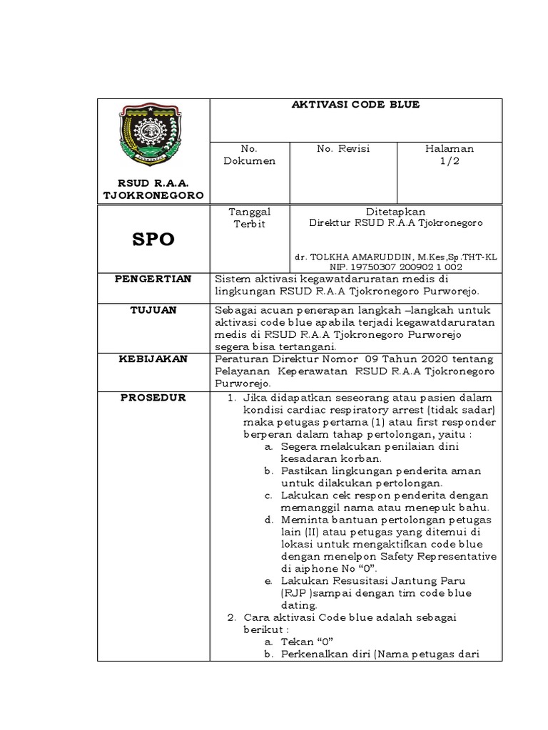 Sop Aktivasi Code Blue | PDF