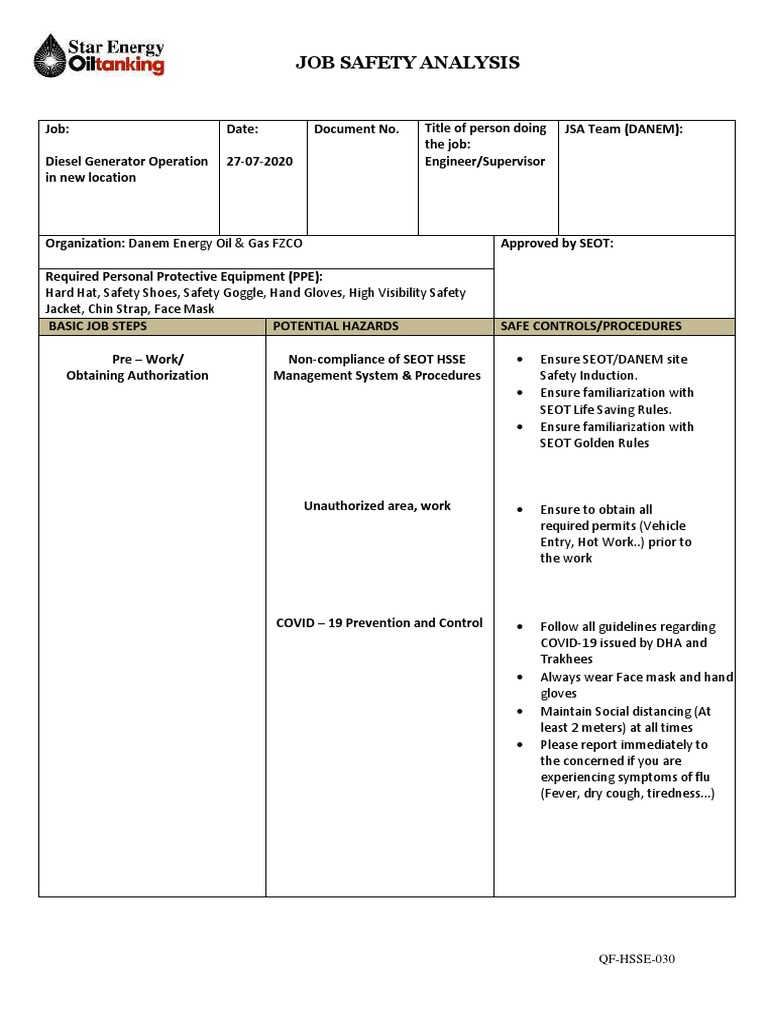 Jsa For DG Operation PDF | PDF | Fires | Safety