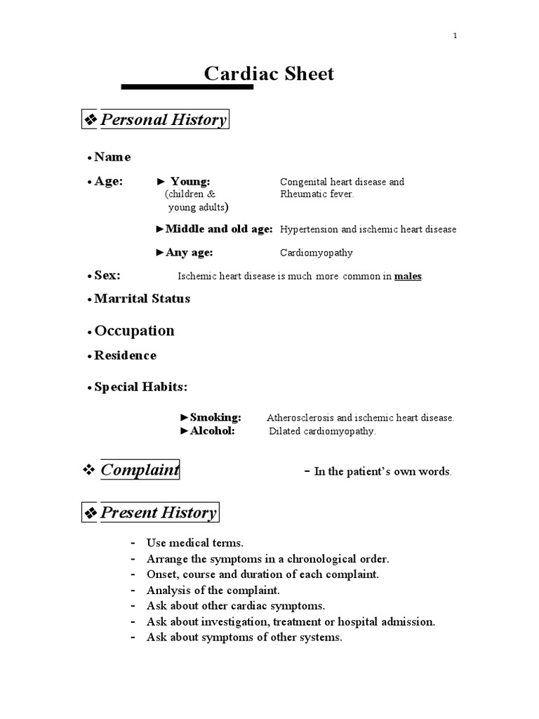 Cardiac Sheet: Personal History | PDF | Heart Failure | Heart