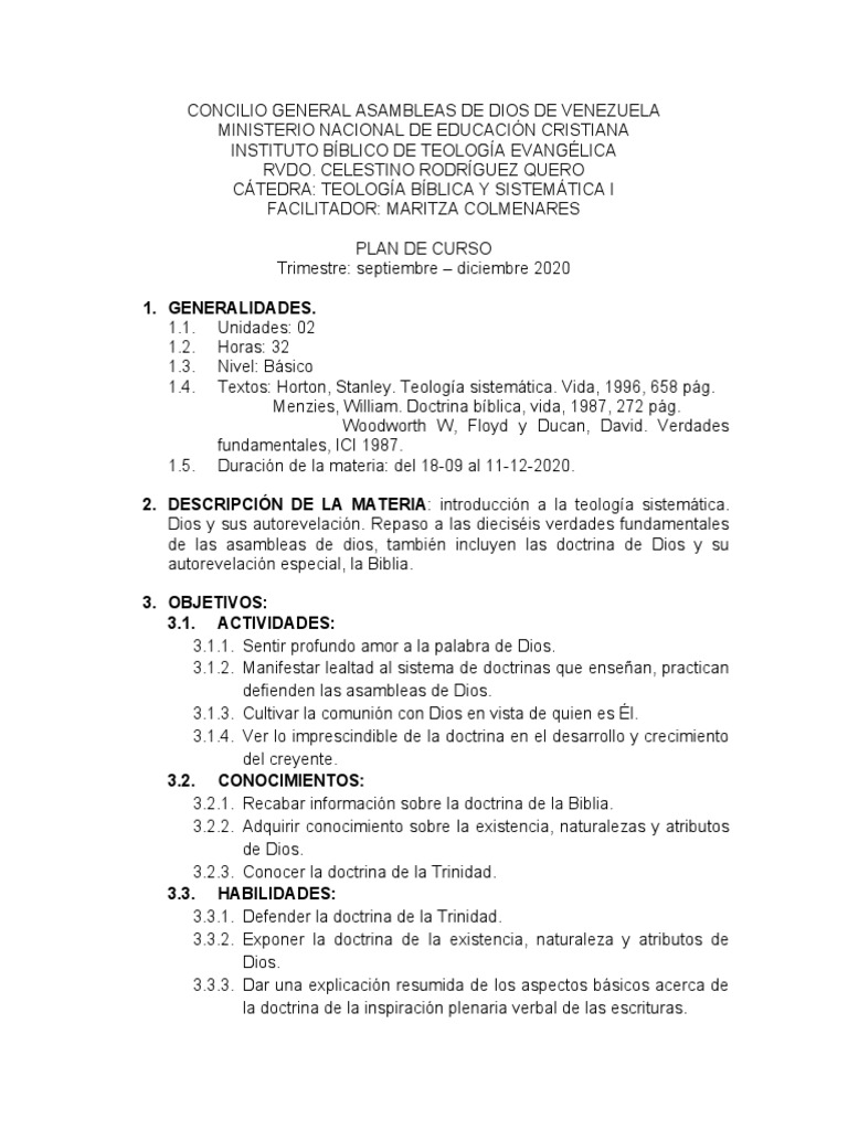 Plan de Curso Teologia Biblica y Sistematica I | PDF | Trinidad | Dios