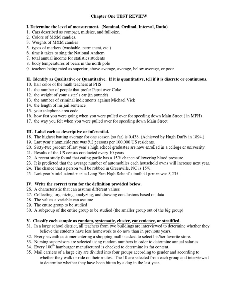 Statistics Test Review Guide | PDF | Level Of Measurement | Stratified ...