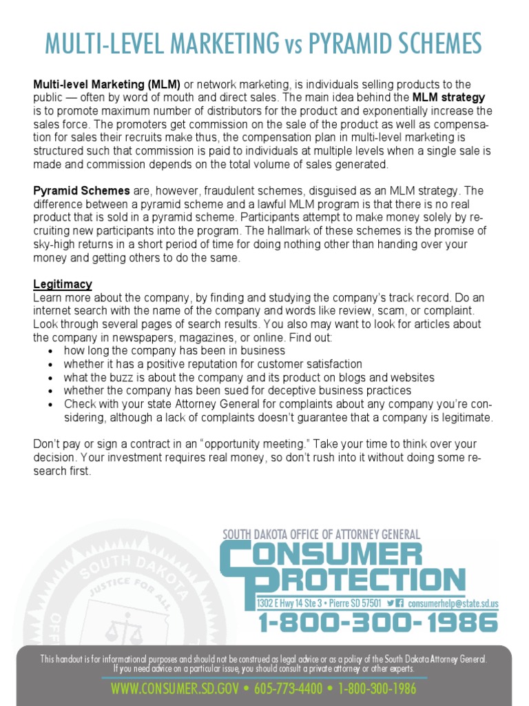 Multi-Level Marketing Vs Pyramid Schemes: WWW - CONSUMER.SD - GOV - 605 ...