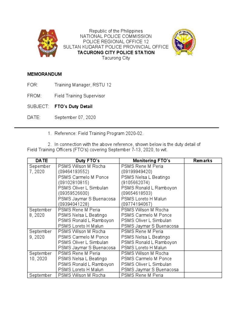 FTO Duty Detail Schedule: Sept 2020 | PDF