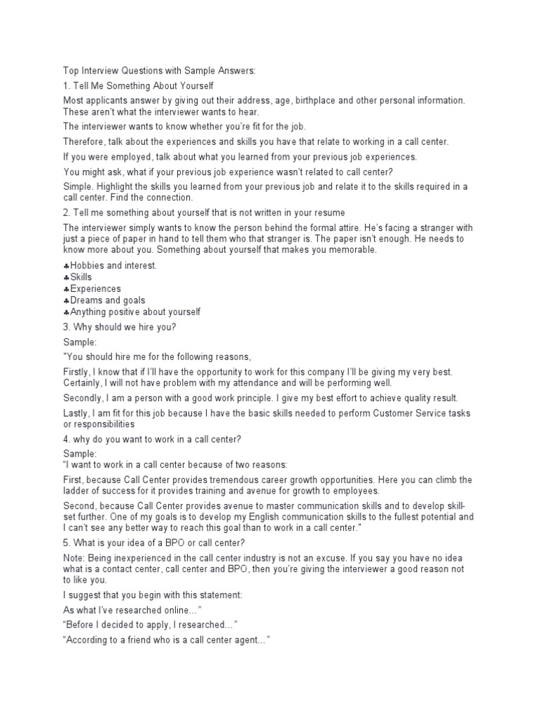 Top Interview Questions With Sample Answers | PDF | Call Centre | Interview