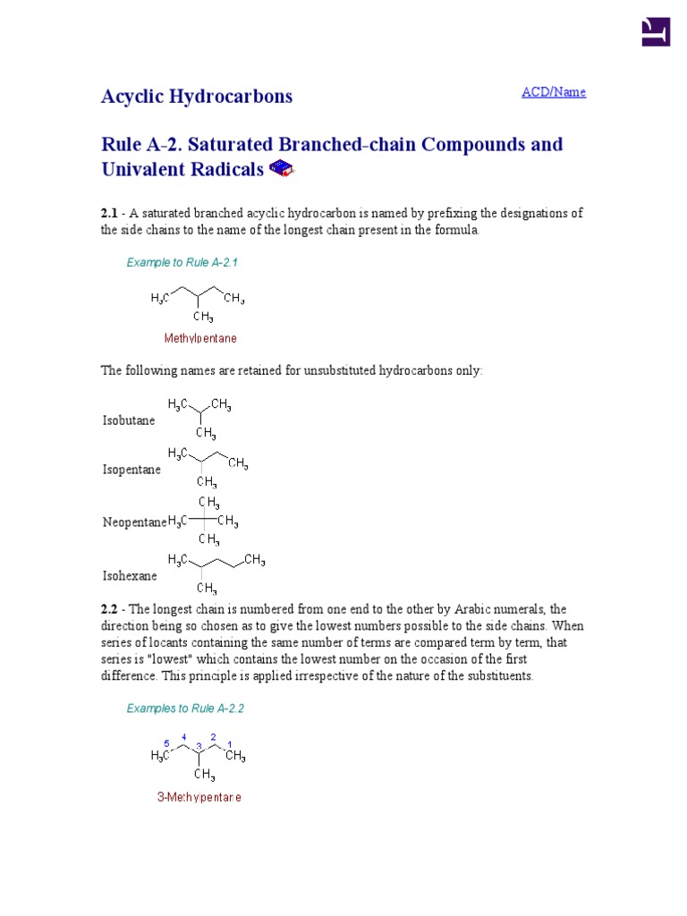 Acyclic Hydrocarbons Rule A-2. Saturated Branched-Chain Compounds and ...