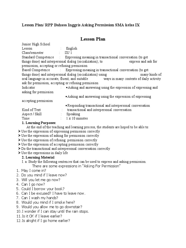 Lesson Plan: Lesson Plan/ RPP Bahasa Inggris Asking Permission SMA Kelas IX | Download Free PDF ...