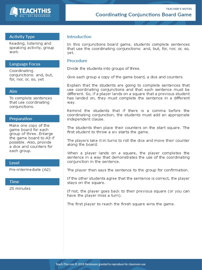 Coordinating Conjunctions Board Game 2 PDF | PDF | Sentence (Linguistics) | Language Mechanics