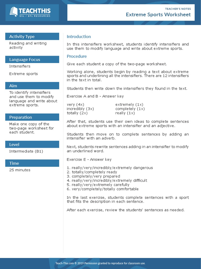 Extreme Sports Worksheet: Activity Type | PDF | Adverb | English As A ...