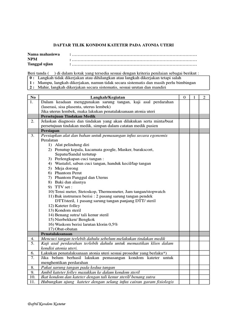 Daftar Tilik Kondom Kateter Pada Atonia Uteri | PDF
