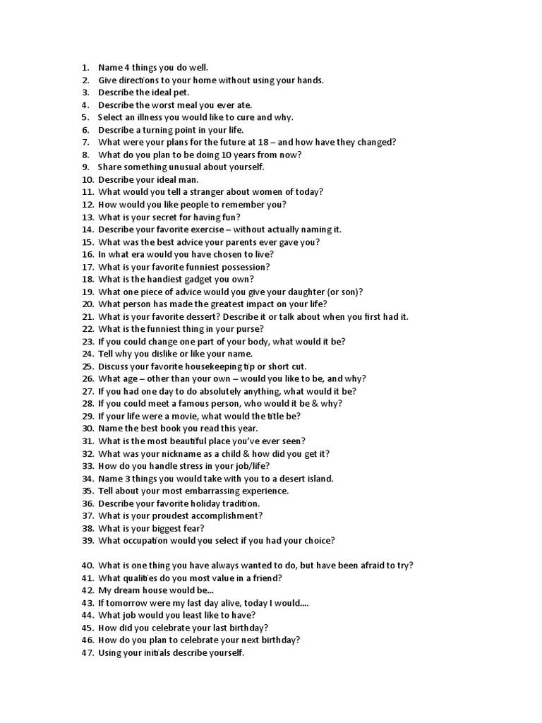 Icebreaker and Impromptu Topic Ideas | PDF | Lifestyle