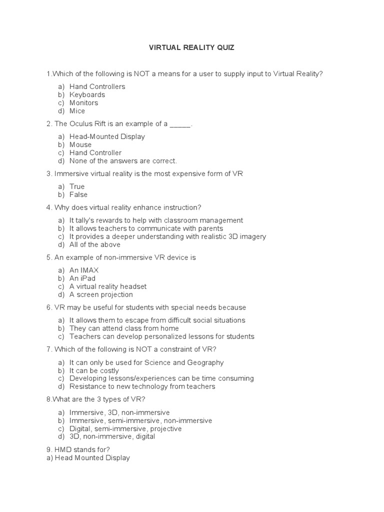 VR Quiz | PDF | Virtual Reality | Information Science