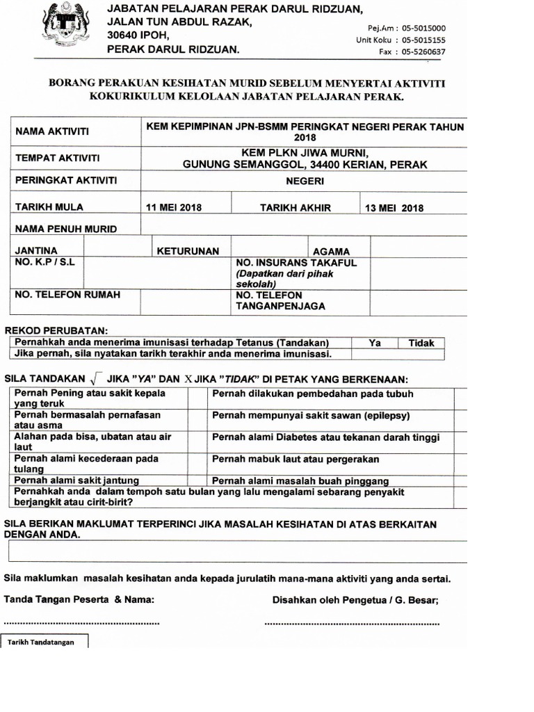 Borang Perakuan Kesihatan Murid PDF | PDF