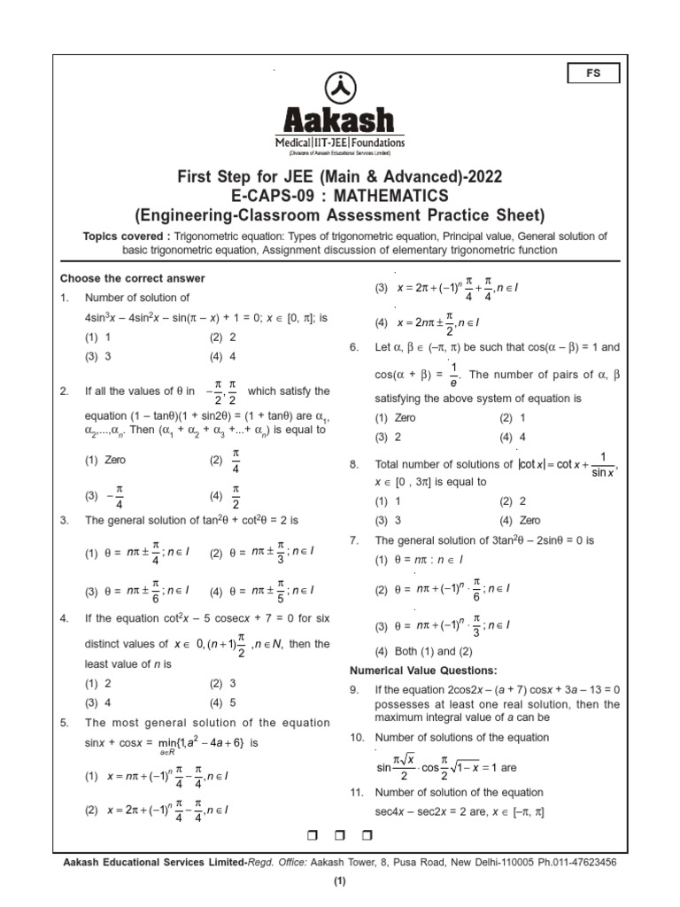 E-CAPS-09 - Class XI (FS) - Mathematics - Final | PDF | Sine | Equations