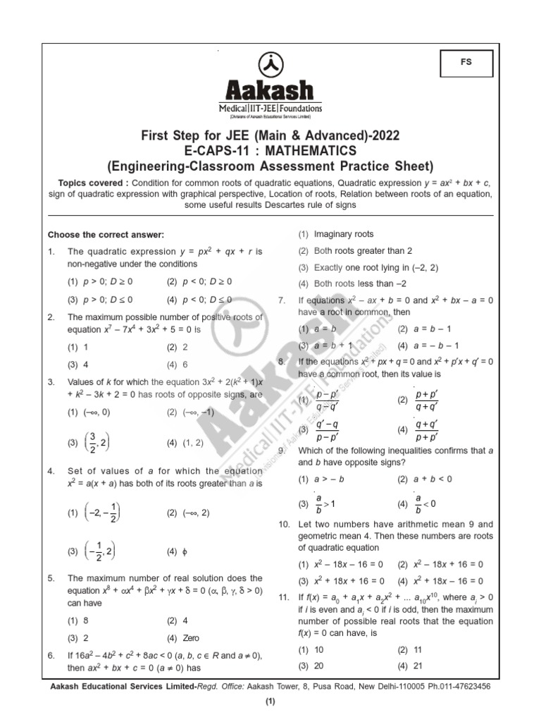 E-CAPS-11 - Class XI (FS) - Mathematics - Final | PDF | Quadratic Equation | Numbers