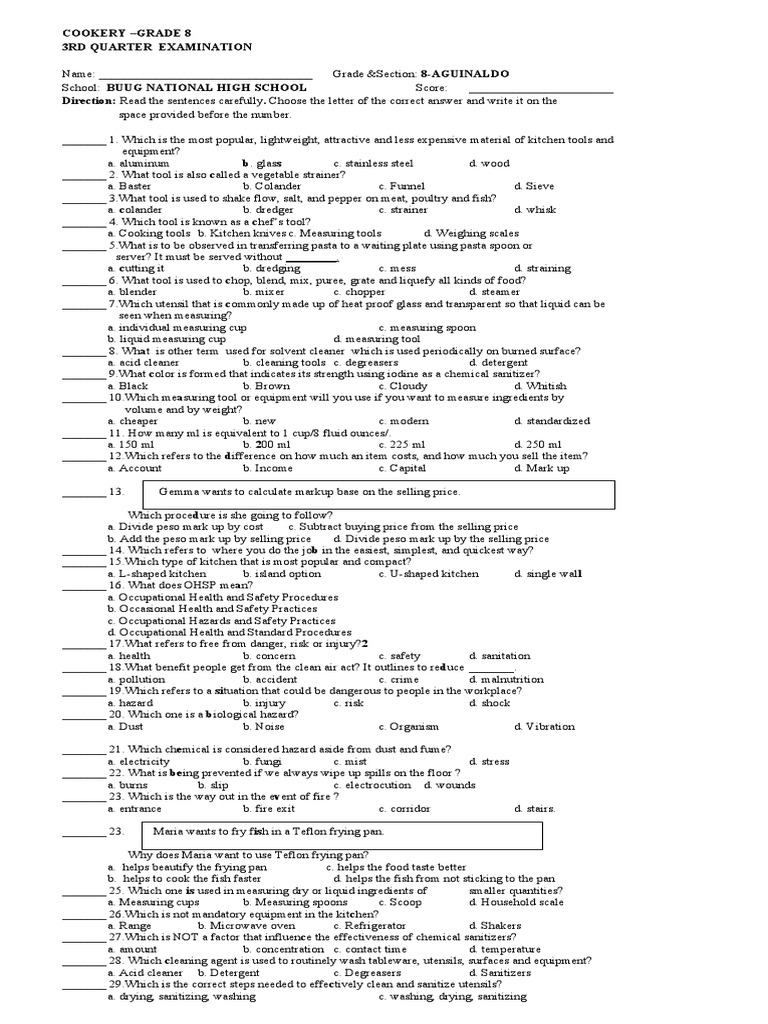Cookery - Grade 8 3Rd Quarter Examination | PDF | Kitchen Utensil ...
