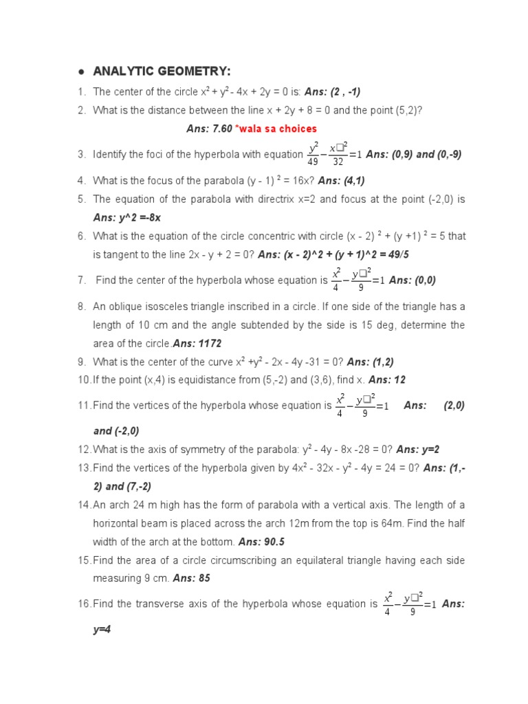 Analytic Geometry:: Ans: 7.60 Ans: (0,9) and (0,-9) | PDF | Elementary Geometry | Mathematical ...