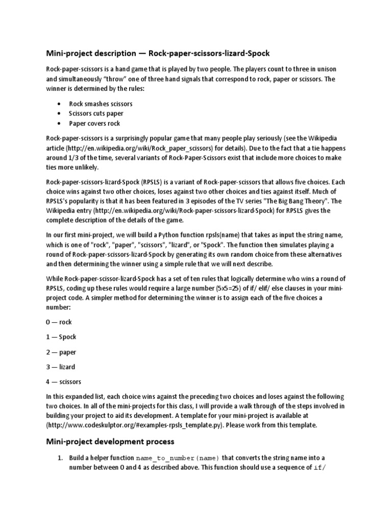 Mini-Project Description - Rock-paper-scissors-lizard-Spock | PDF | Software Engineering ...