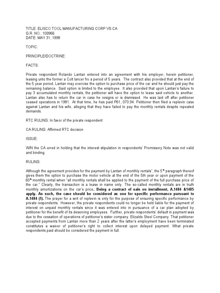 60 - Elisco Tool Manufacturing Corp Vs CA | PDF | Lease | Business Law
