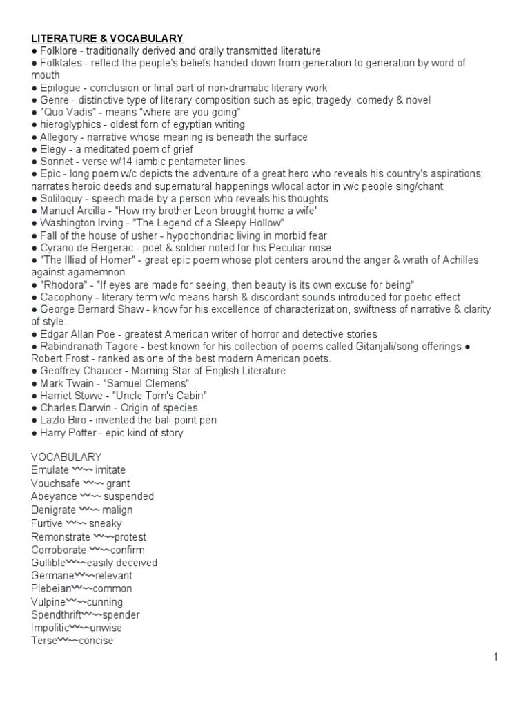 Literature Terms & Vocabulary Guide | PDF | Epic Poetry | Poetry