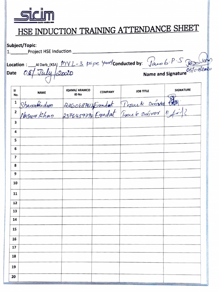 Hse Induction Training Attendance Sheet: T, R, Pe | PDF