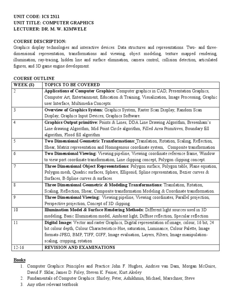 ICS 2311 Course Outline | PDF | 3 D Computer Graphics | Computer Graphics