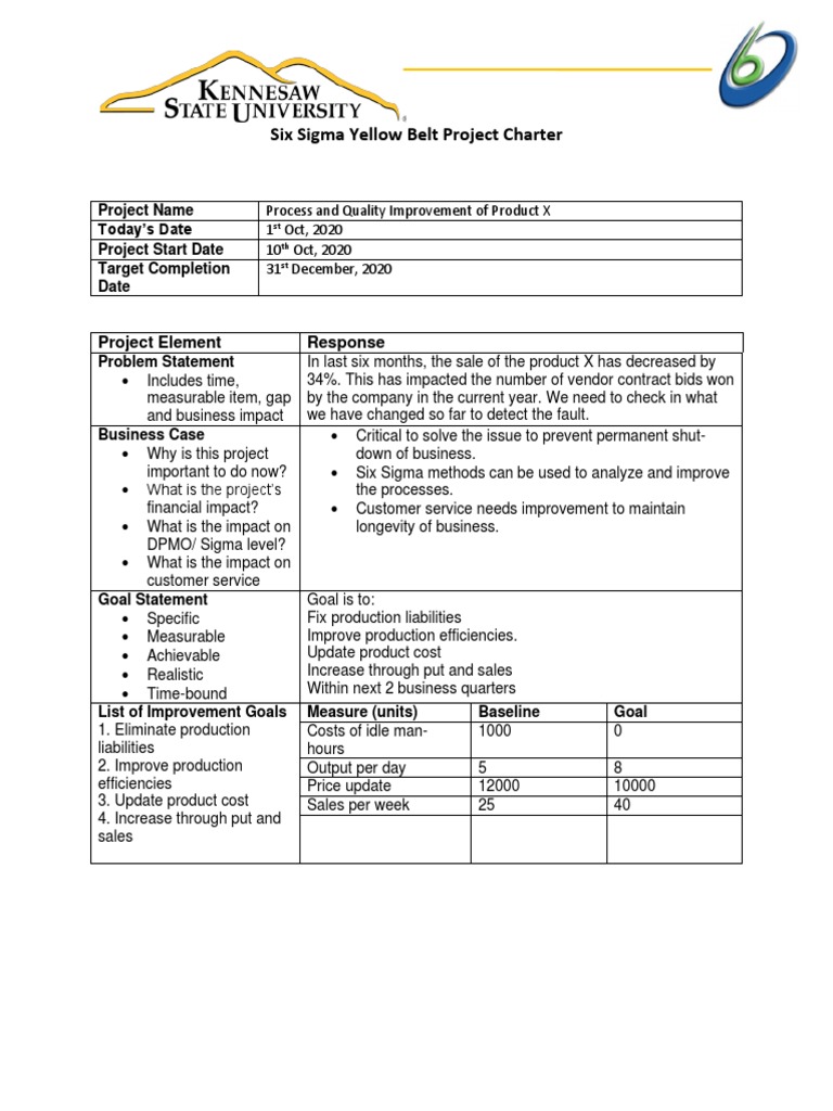 Six Sigma Yellow Belt Project Charter | PDF | Six Sigma | Sales