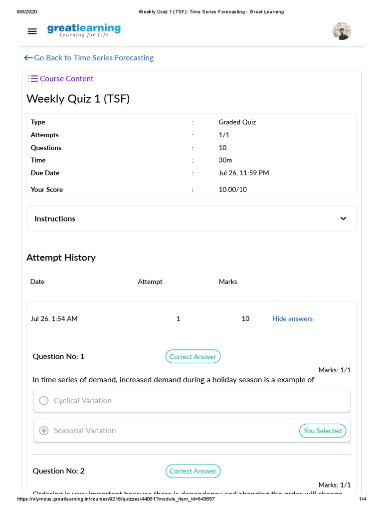 Weekly Quiz 1 (TSF) - Time Series Forecasting - Great Learning PDF | PDF