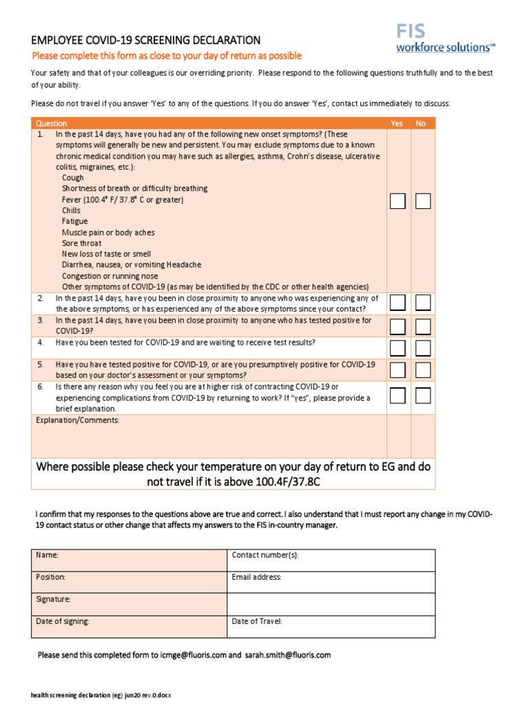 Health Screening Declaration (EG) Jun20 Rev.0 | PDF | Symptom ...
