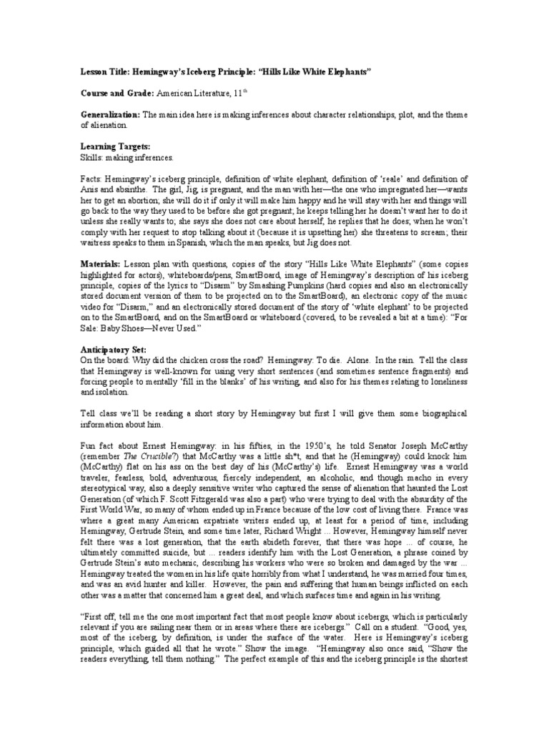 Hills Like White Elephants Iceberg Lesson Plan | PDF | Ernest Hemingway ...