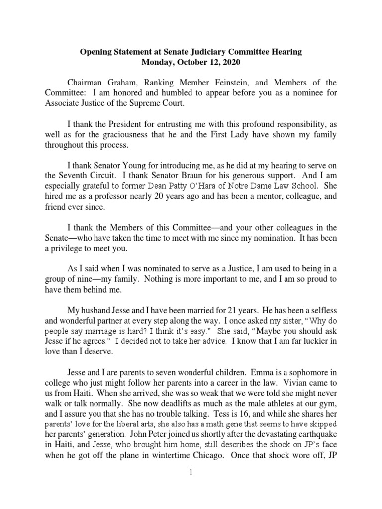 Amy Coney Barrett's Prepared Opening Statement | PDF | Ruth Bader ...